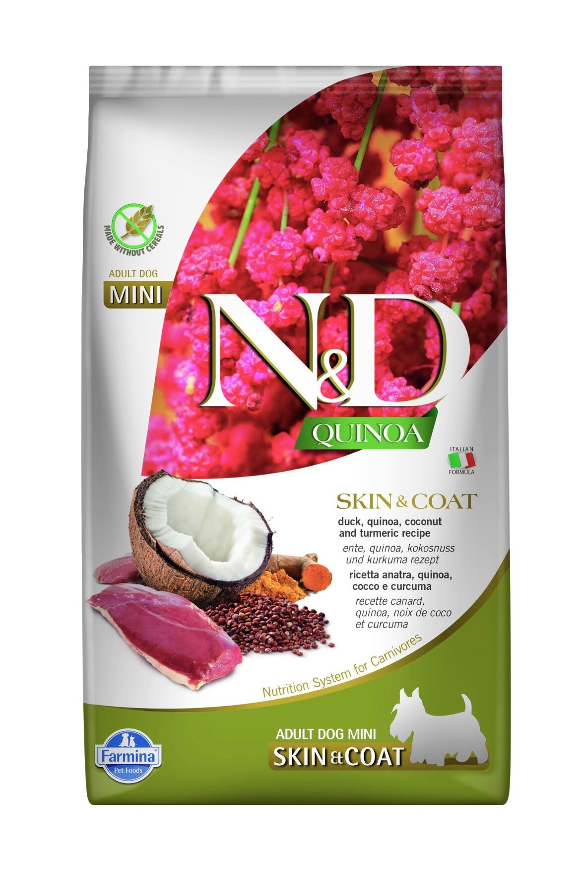 Сухой корм Farmina ND Dog GF Quinoa Skin-Coat Duck Mini для взрослых собак мелких пород с уткой, уход за кожей и шерстью, 800г