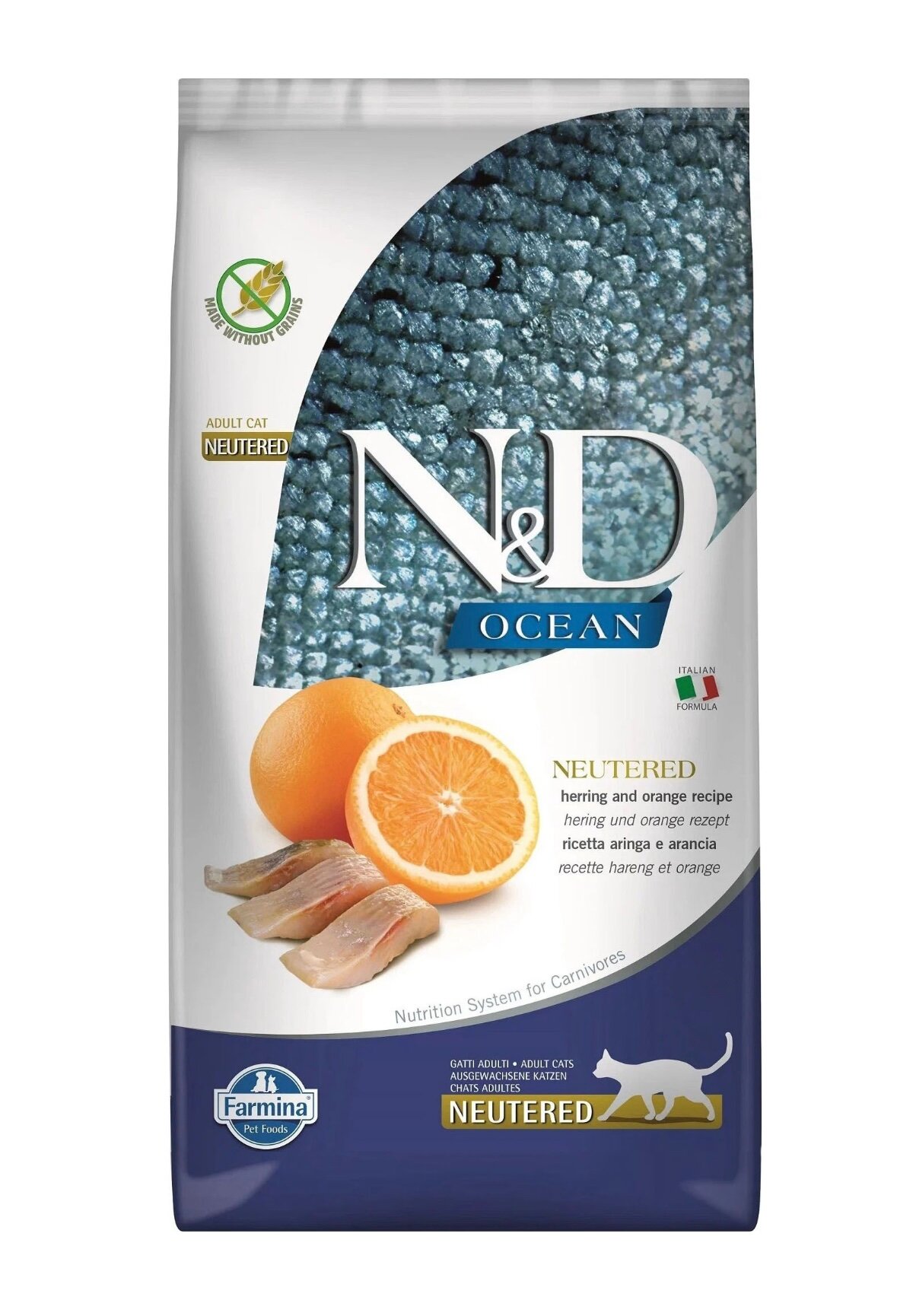 Сухой корм Farmina ND Ocean Cat Herring / Orange Neutered для стерилизованных кошек и кастрированных котов, сельдь и апельсин, 5кг