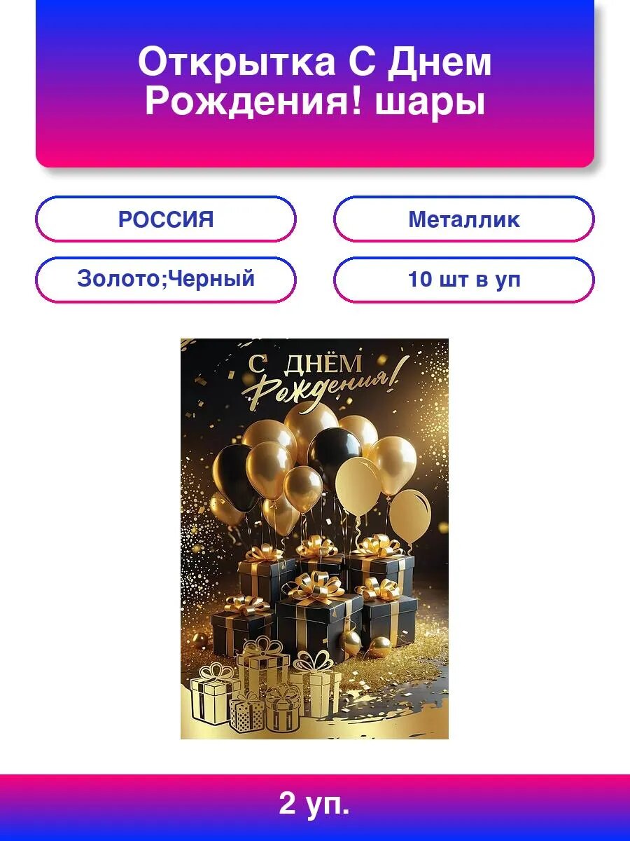 2упак. Открытка, С Днем Рождения! (шары и подарки), Металлик