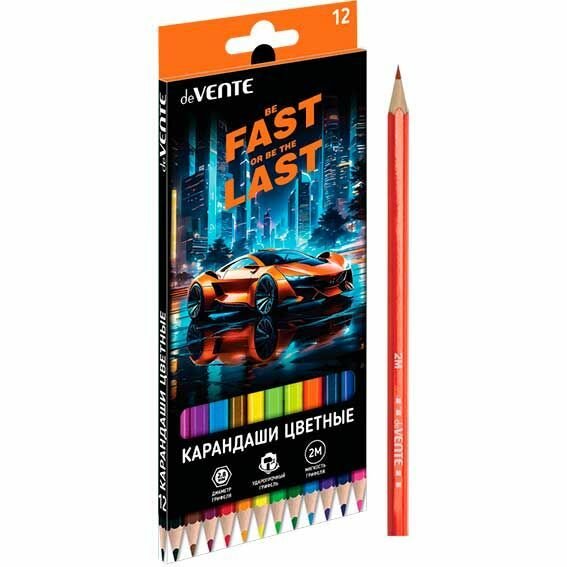 Цветные карандаши deVENTE "Fast Or Last", 12 оттенков, шестигранные, 2М, диаметр грифеля 2,8 мм, в коробке