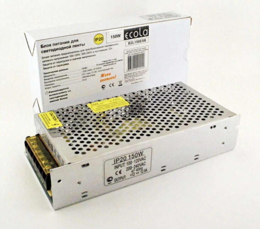 Блок питания Ecola Power Supply 12в 150Вт, 12,5А, с регулировкой, универсальный