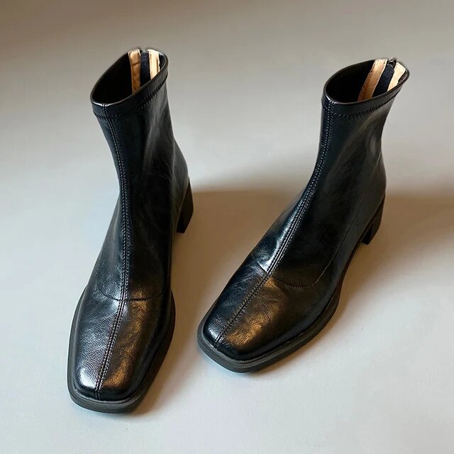 Осенние винтажные эластичные тонкие женские ботильоны, модные мягкие кожаные туфли, элегантные женские ботильоны на толстом каблуке, современные короткие ботильоны