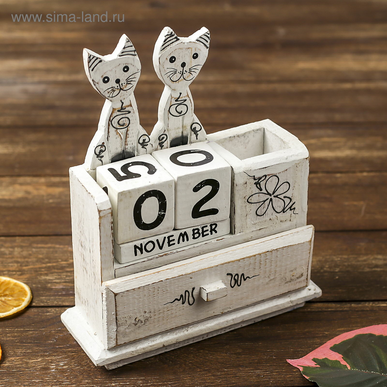 Вечный календарь настольный "Пара кошек", 18x6x22 см, дерево