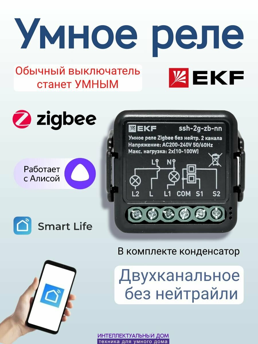 Умное ZigBee реле голосовое управление Алиса Маруся Салют 2 канала без нейтрали