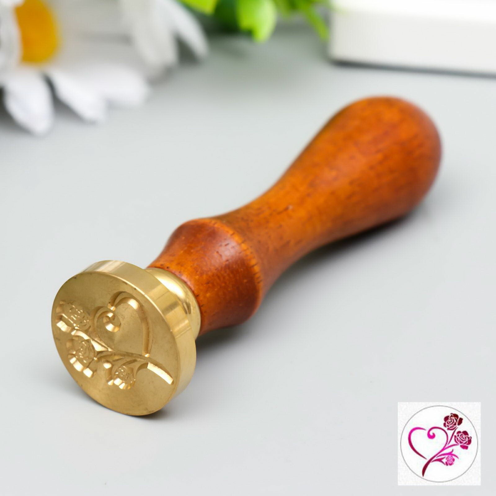 Сургучная печать с деревянной ручкой "Розы и сердце", 9x2.5x2.5 см