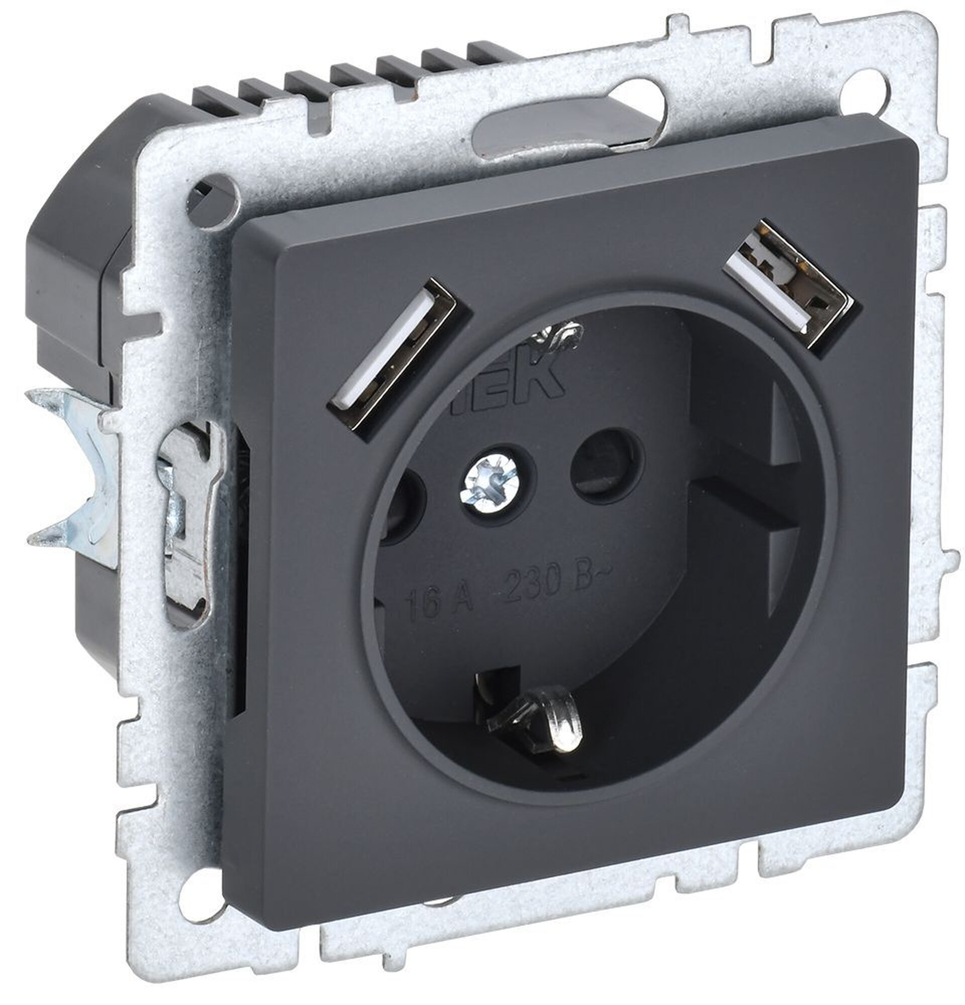 Розетка одноместная с заземлением с защитными шторками с USB РЮш10-1-БрГ 16А A+A 5В 2,1А IEK серия BRITE