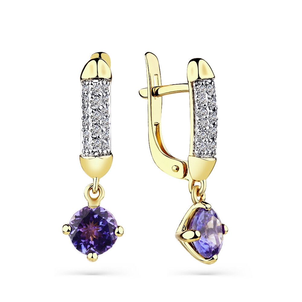 Серьги, желтое золото, 585 проба, танзанит, бриллиант