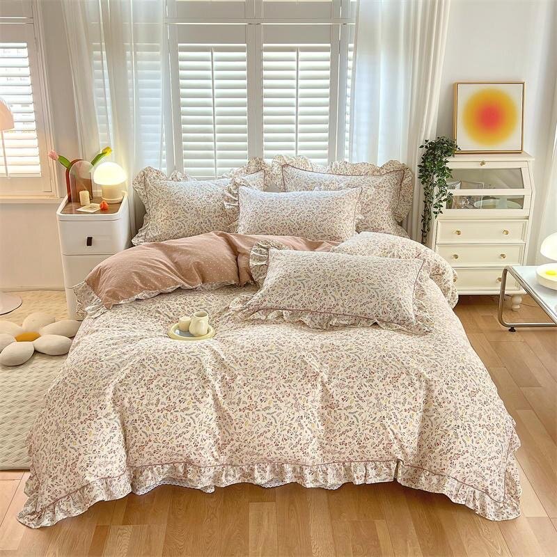 INS корейского стиля с винтажным цветочным принтом, 100% хлопок, комплект постельного белья из 4 предметов，200*230cm