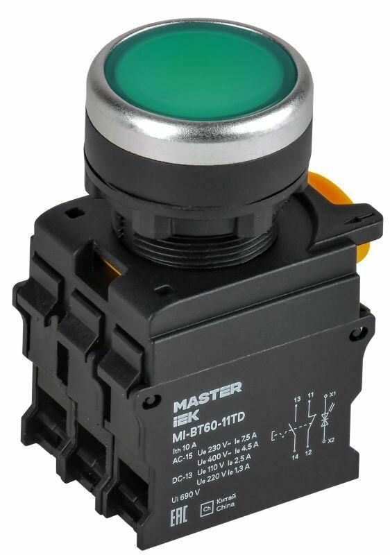Кнопка d22мм 1НО+1НЗ MASTER с подсветкой и фиксацией зел. IEK MI-BT60-11TD-3-11-K06