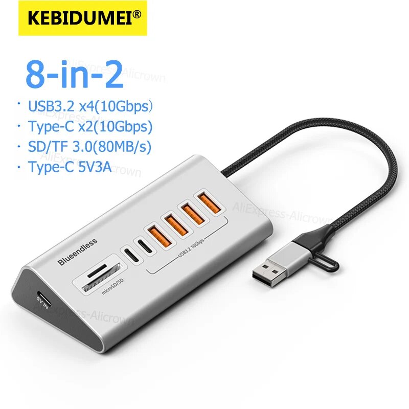 8-портовый USB 3.2 концентратор kebidumei с кардридером 8 in 2