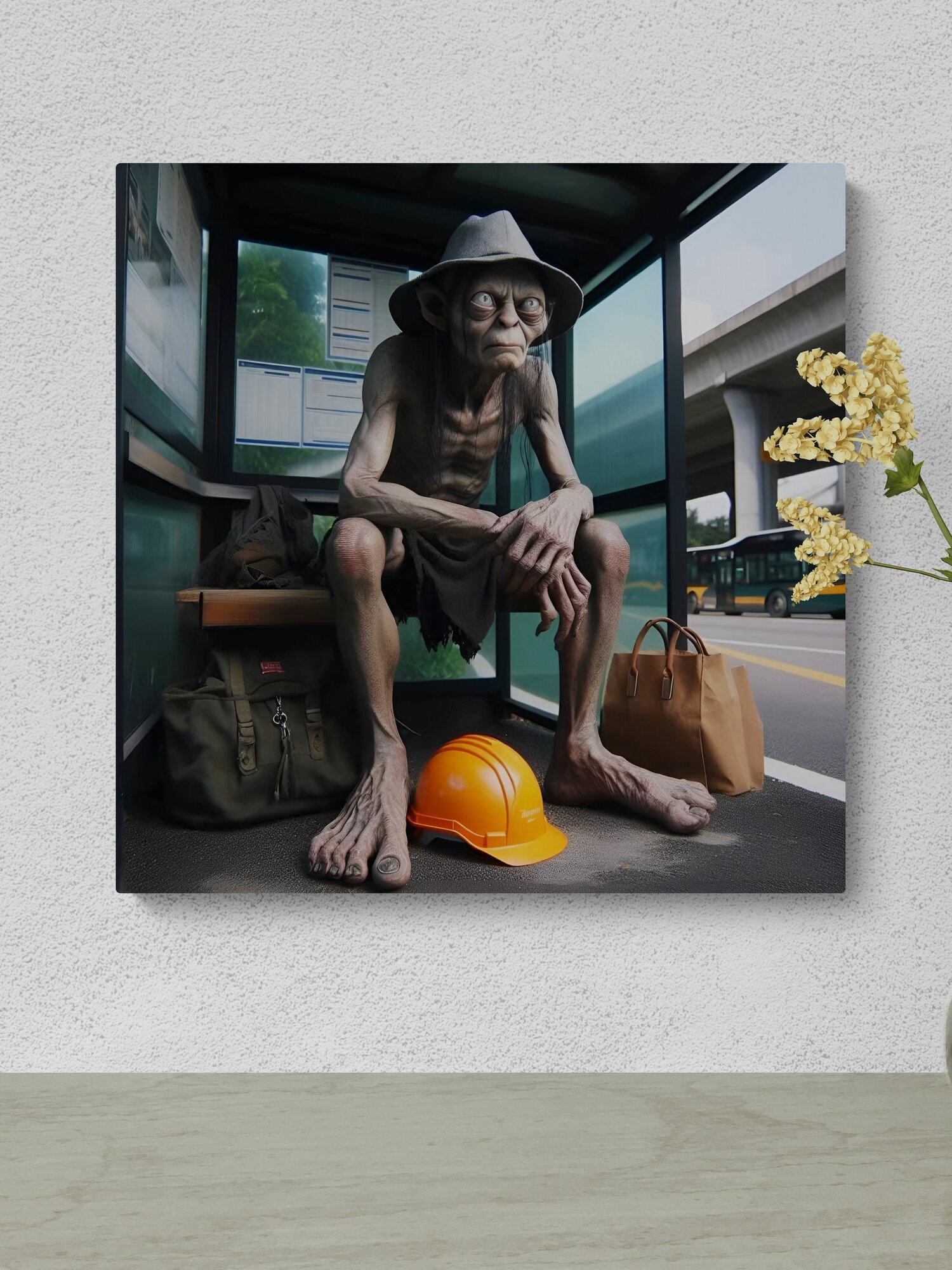 Картина с персонажем Властелина Колец в современности "Голум ждет автобус"