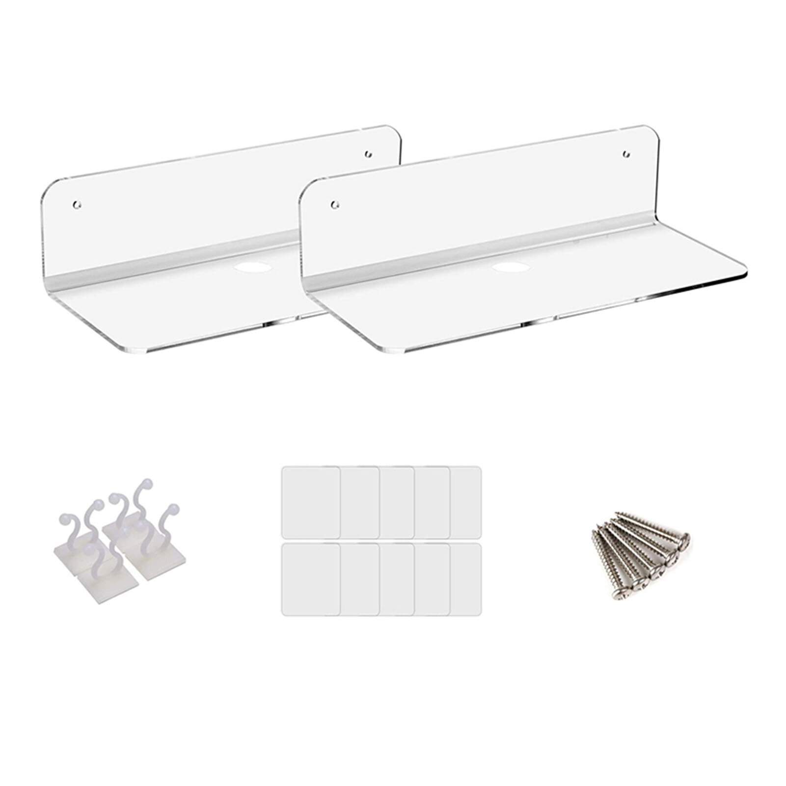 Пластмассовые подвесные полки на стене, набор из 2 штук, с кабельными клипами, прозрачный/черный цвет, размер 22.9*9.5*6 см, вес 250 г, для спальни, ванной, игровой комнаты, гостиной, офиса, с креплениями: 5 винтов, 4 кабельных клипа, 10 лент