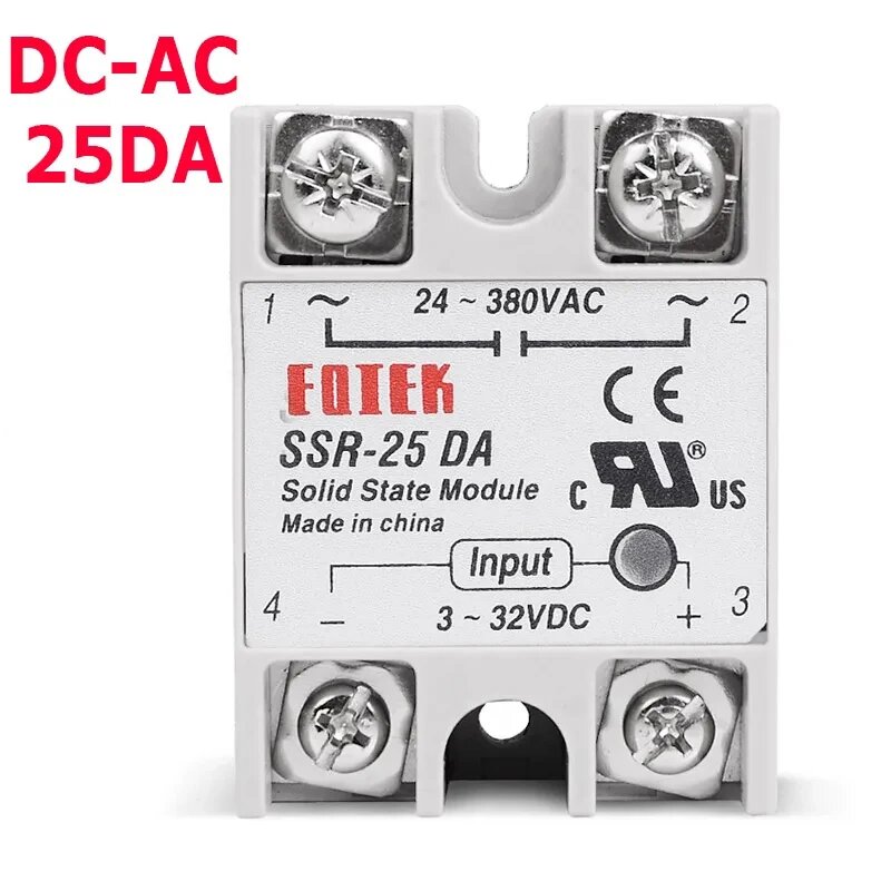 Промышленное твердотельное реле 25А, однофазный релейный модуль SSR, 220 В переменного тока, вход 3-32 В, 12 В постоянного тока и выходная нагрузка 24-380 В переменного тока SSR-25DA