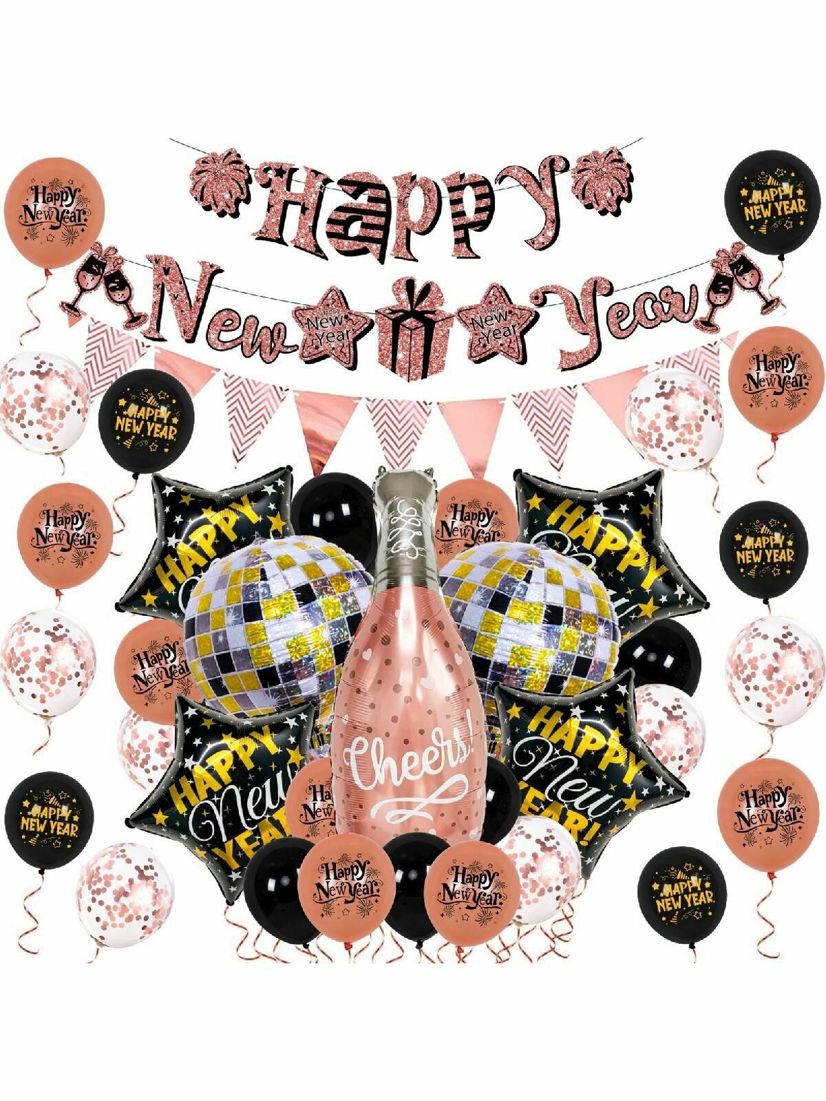 Декорация для праздника, Набор воздушных шаров с пивным флагом "Рыбий хвост" для новогодней вечеринки-Розово-золотое Новогоднее пиво