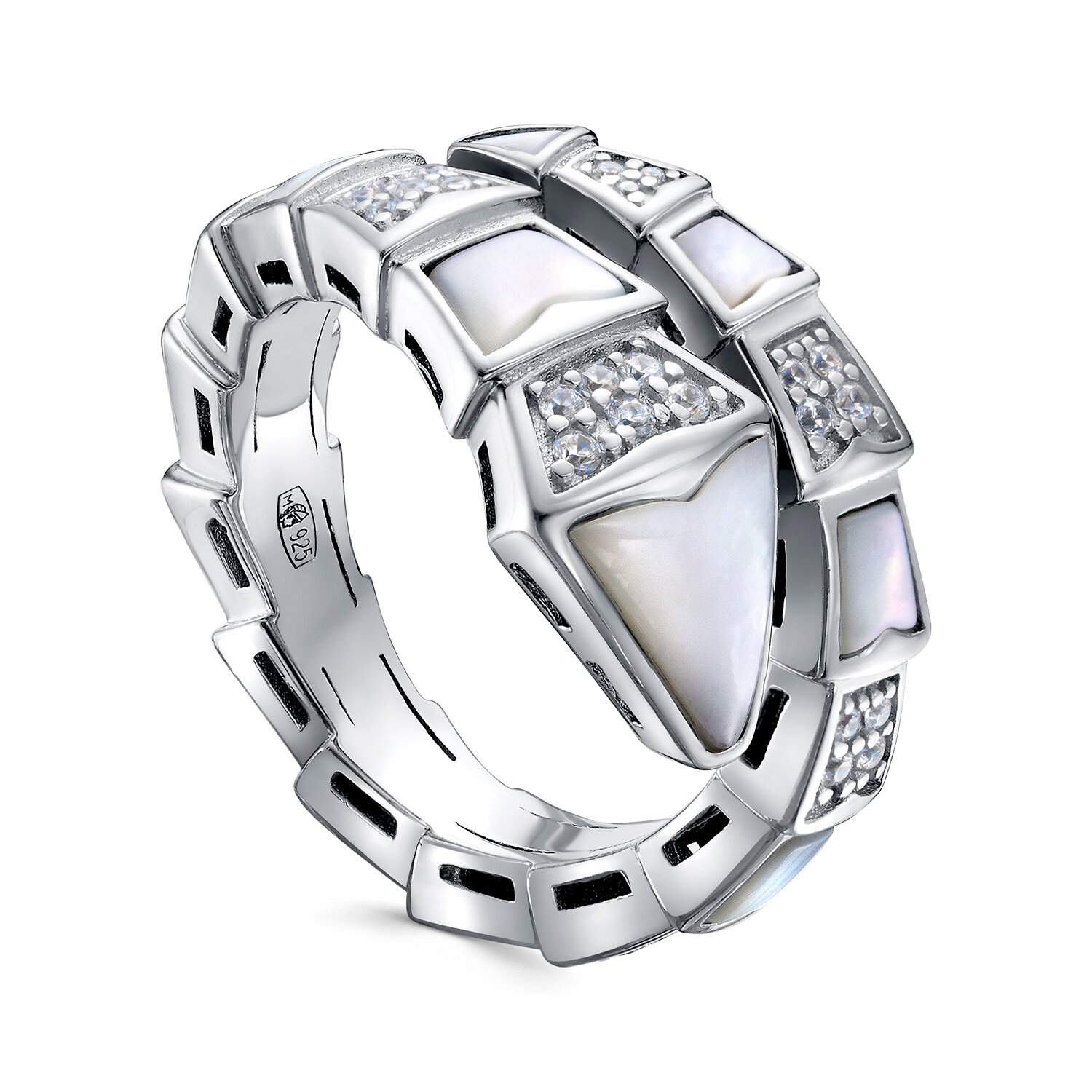 Кольцо тонкое, серебро, 925 проба, фианит, перламутр