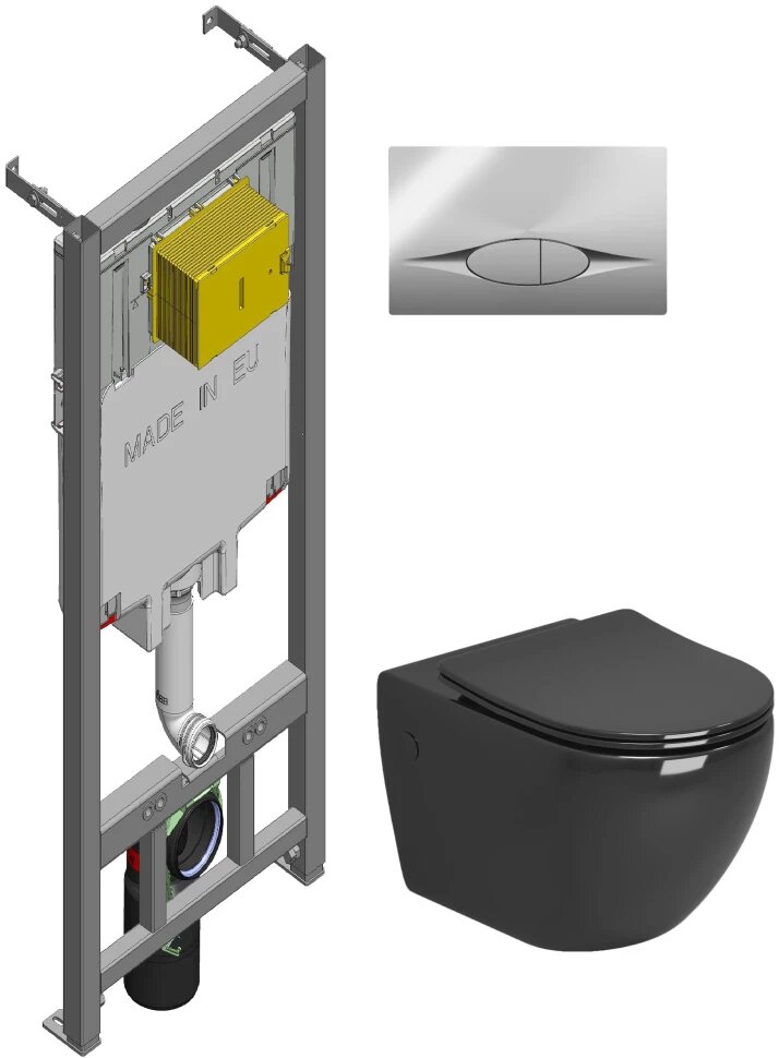 Комплект инсталляция с унитазом Jacob Delafon E21822-CP с кнопкой смыва, хром + унитаз подвесной Grossman GR-4411BS безободковый, с сиденьем микролифт, черный глянец