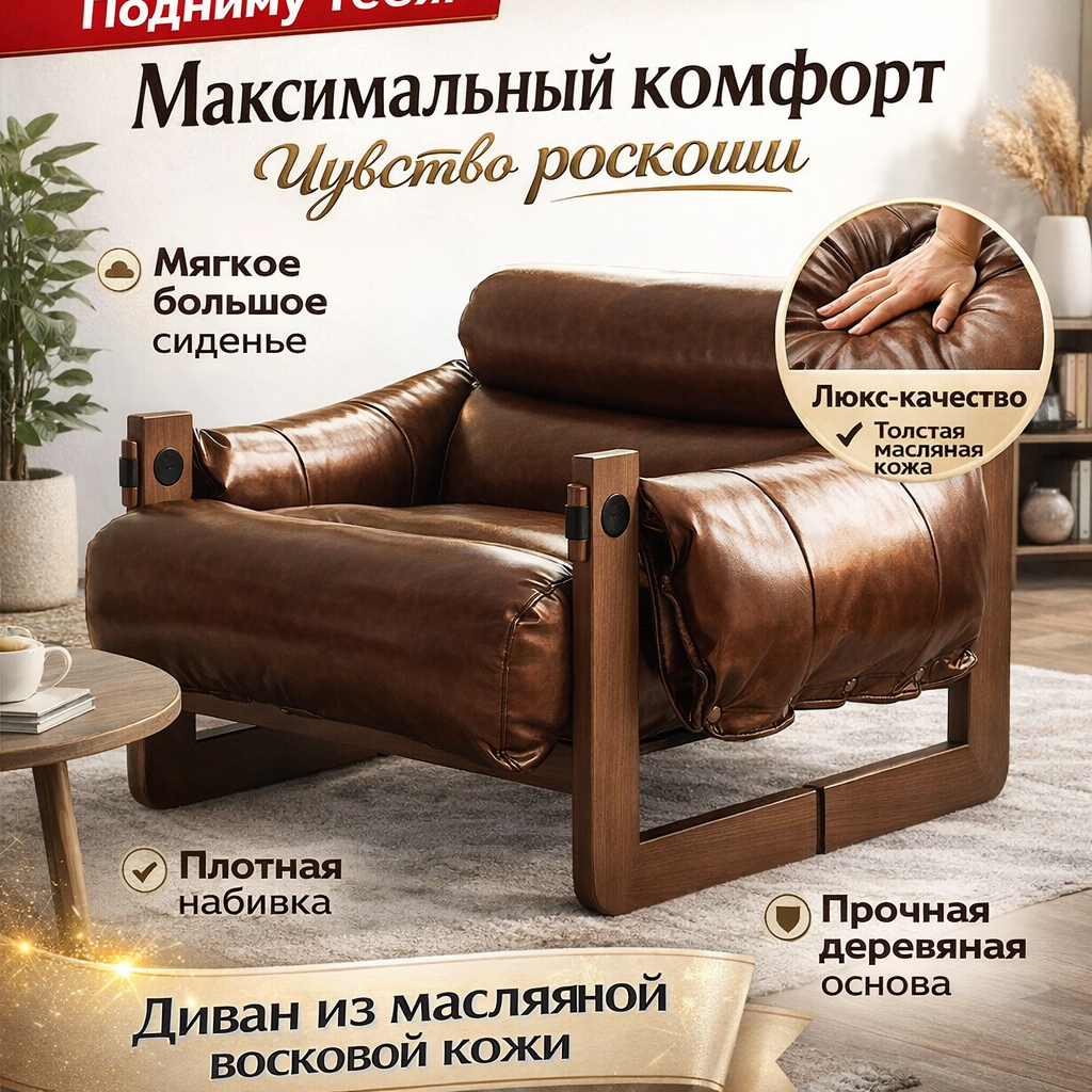 Кожаное кресло Jersey Island в винтажном стиле - Раскладное для отдыха из вощеной кожи