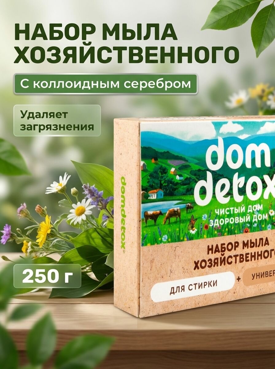 Набор мыла Для стирки + Универсальное хозяйственное Dom Detox натуральный состав с коллоидным серебром, 2 шт. по 125 г