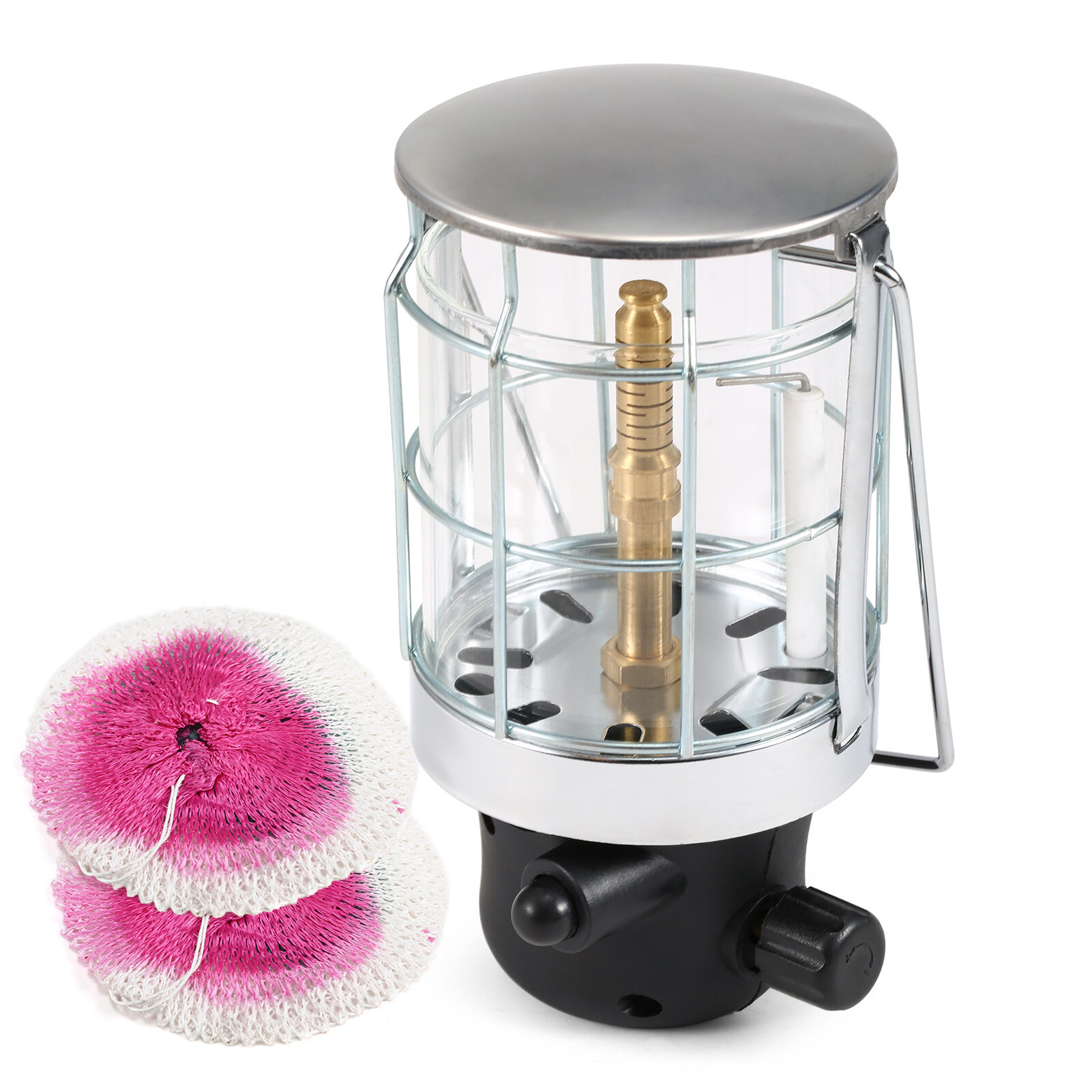 Газовая лампа для кемпинга с пьезо-зажиганием Фонарь для палатки с плоским баком Газовый фонарь для кемпинга походов трекинга 1 шт. С мехами 2 шт. Материал: нержавеющая сталь железо латунь пластик Освещение: 300-400 CP Мощность: 650 Вт Расход газа: 65