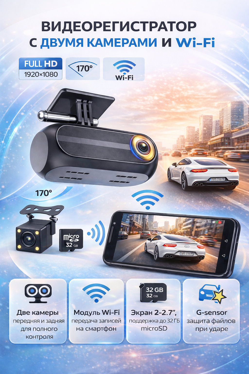 Видеорегистратор FaizFull, с передней и задней камерами, Full HD