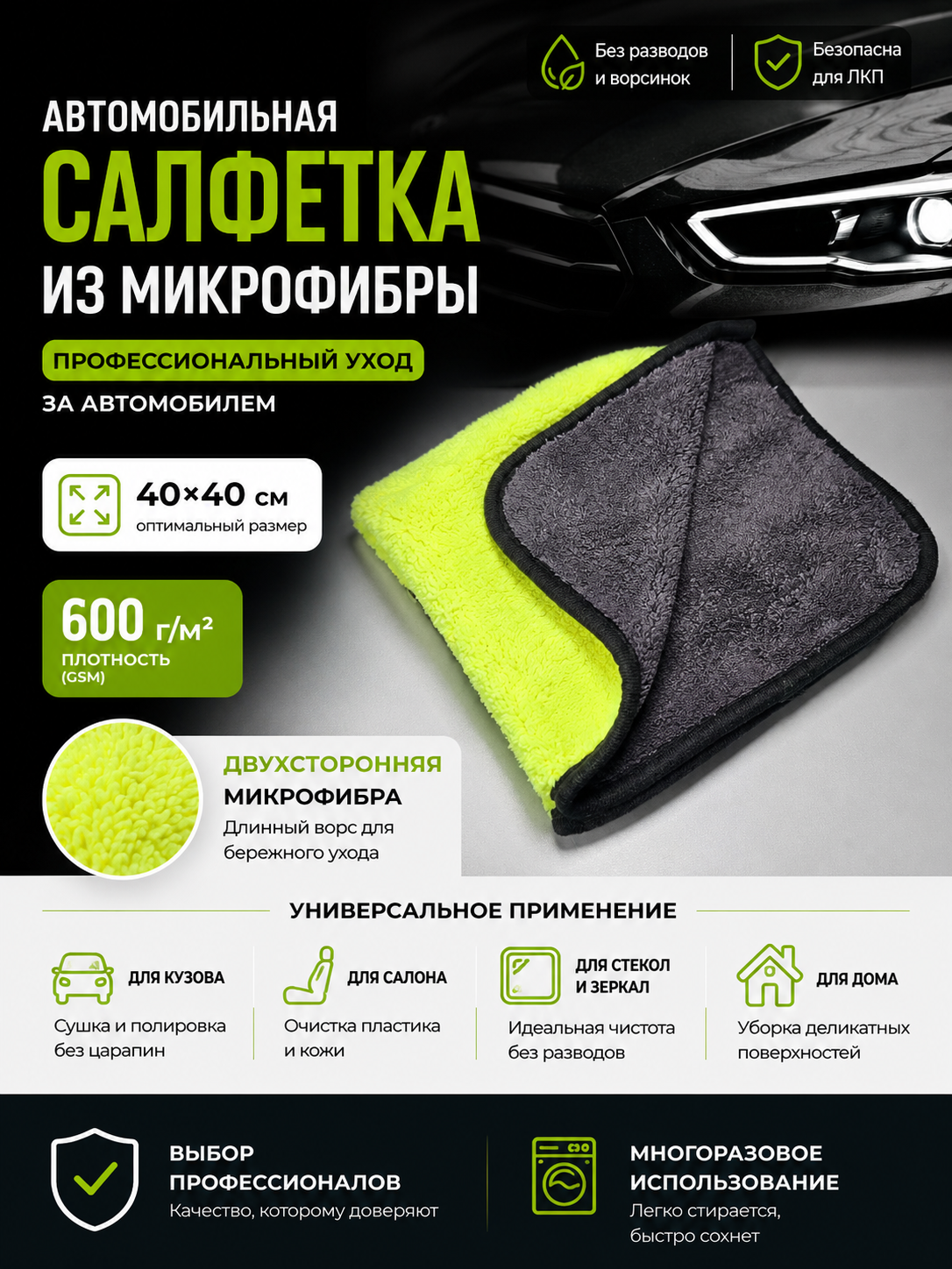 Салфетка микрофибровая автомобильная 40х40см 600гр/м серая