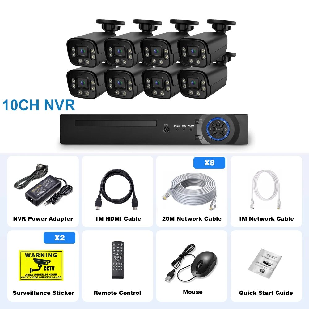 Система безопасности с 4K POE-камерами 10CH 8CH 4CH NVR 8MP наружные камеры двухсторонний аудио водонепроницаемые цветное ночное видение набор для наблюдения