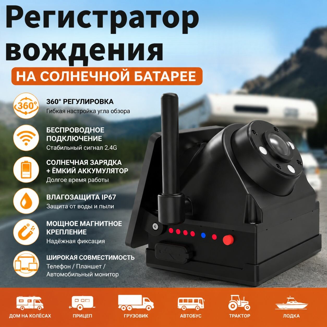 Беспроводная WiFi камера-видеорегистратор на солнечной батарее, IP67, магнитное крепление, 360 регулировка, для авто, дома на колесах, грузовика, прицепа