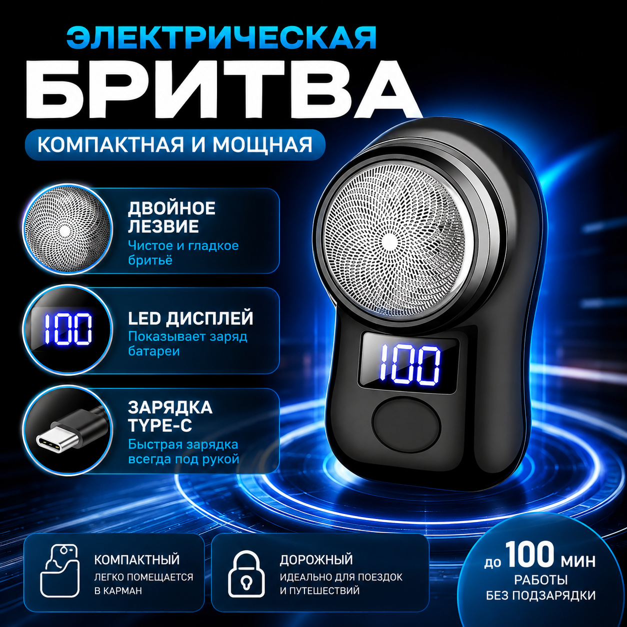 Электрическая бритва компактная мощная с LED дисплеем зарядка Type-C двойное лезвие дорожный для путешествий