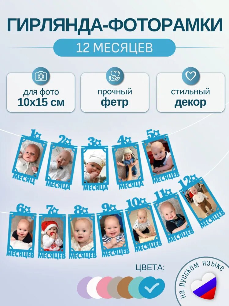 Фотозона на день рождения 1 год - растяжка для фото по месяцам, 12 месяцев, синяя