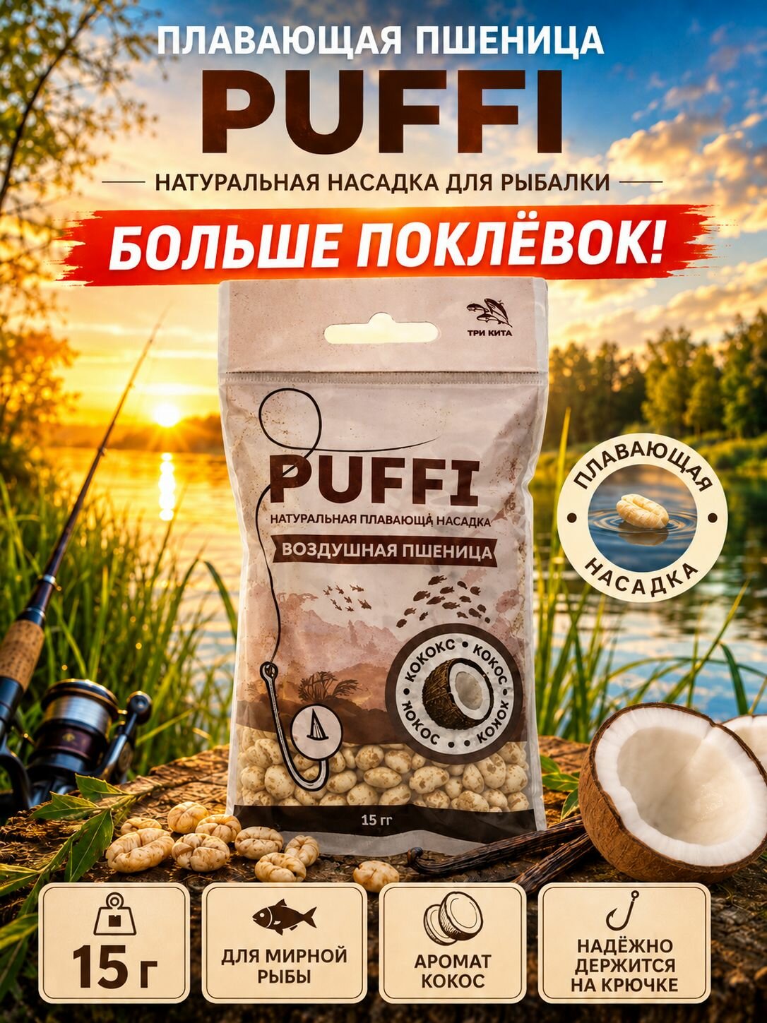 Насадка для рыбалки PUFFI воздушная пшеница 15 г, Кокос, для мирной рыбы, карпа и карася