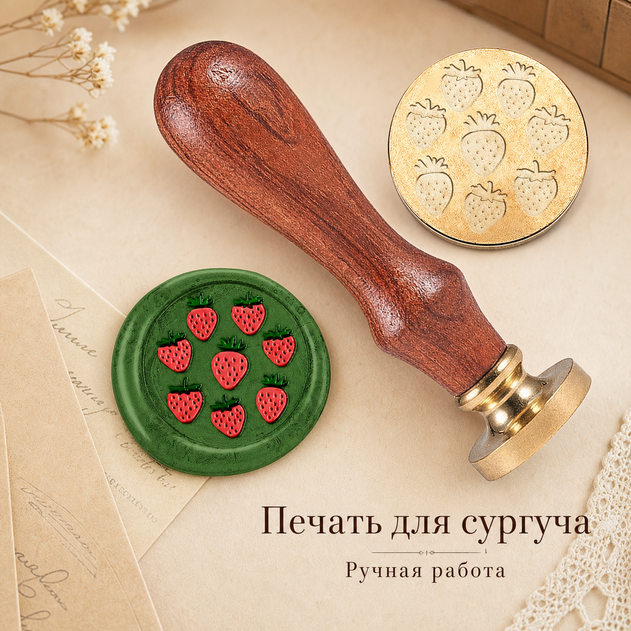 Набор из 1 сургучной печати. 1 сургучная печать золотистого цвета с головкой из цельной латуни и деревянной ручкой для конвертов, приглашений, подарочных карт, клубника, размер штампа: 83x22 мм, размер штампа: 25x14,5 мм.