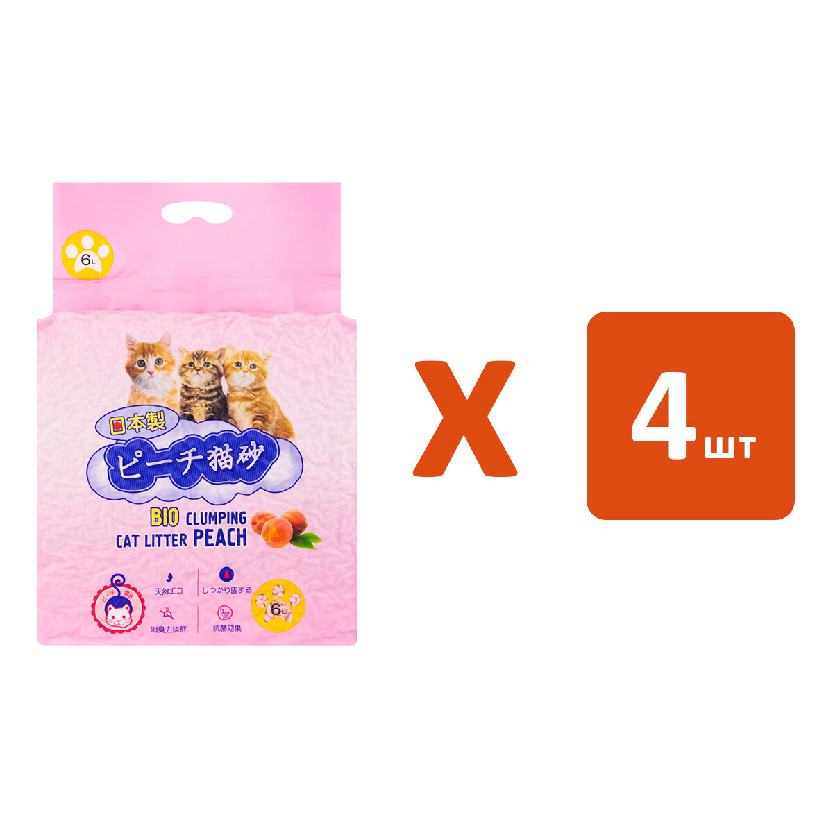 Наполнитель Hakase Arekkusu комкующийся на основе тофу персик (6 л х 4 шт)