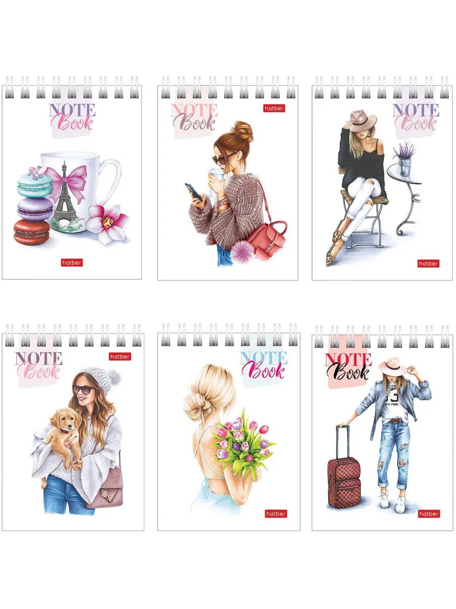 Блокнот А7 60 листов клетка на гребне, 6 шт, ассорти