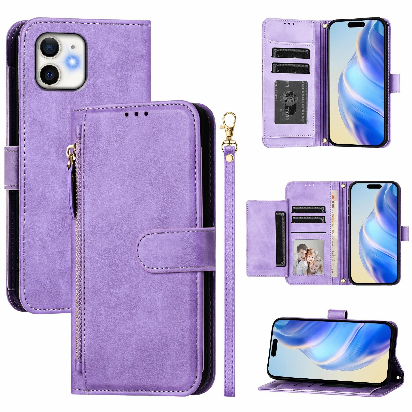 Кожаный книжка чехол в виде бумажника для Apple iPhone 12/ iPhone 12 Pro (Айфон 12/ Айфон 12 Про) с застежкой-молнией, коротким шнуром, Складной слот для карт и отделением для кошелька