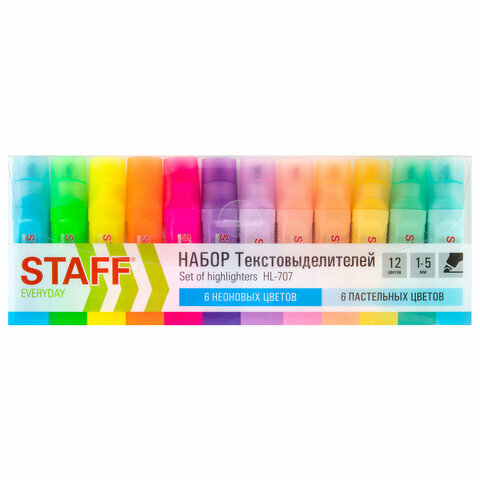 Набор текстовыделителей 12 цветов, STAFF EVERYDAY HL-707, 6 неоновых цветов + 6 пастельных цветов, линия 1-5 мм, скошен. наконечник, 152552