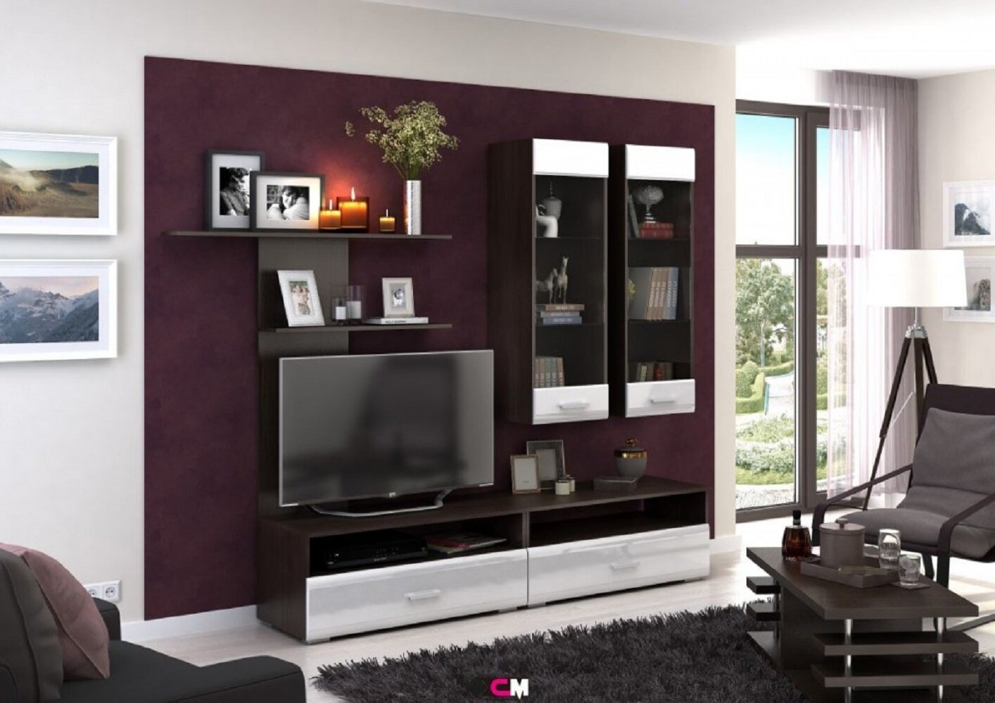 Стенка в гостиную Вегас 2 240х194,4х44,6 см, цвет венге/белый глянец