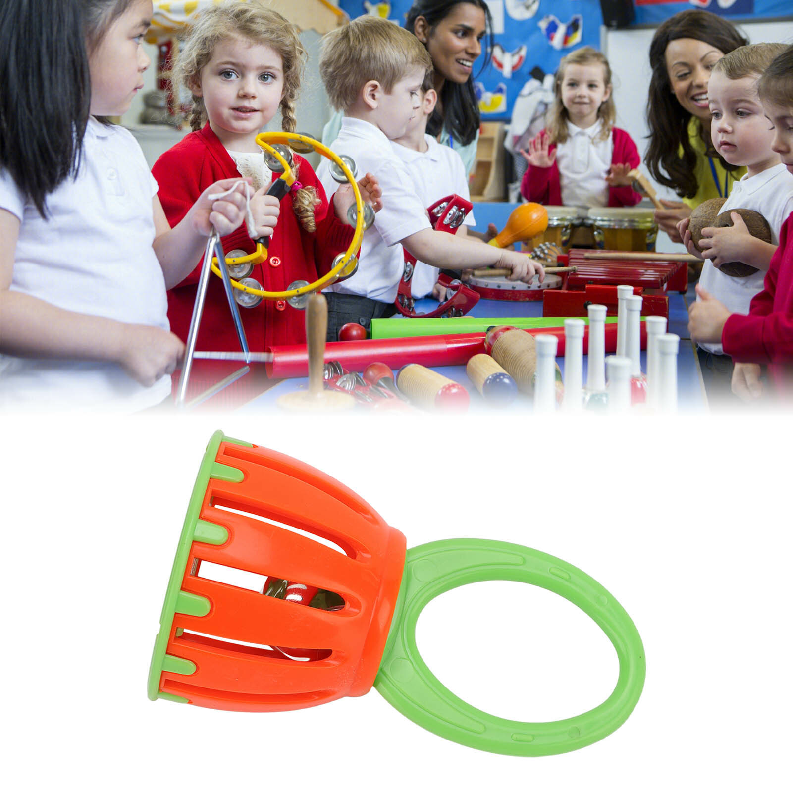 Игрушка для раннего развития музыки для детей SY‑99, барабанчик с колокольчиками, инструмент ударной музыкальной Орфф, ручной колокольчик, пластик + металл, разноцветный, 1 шт.