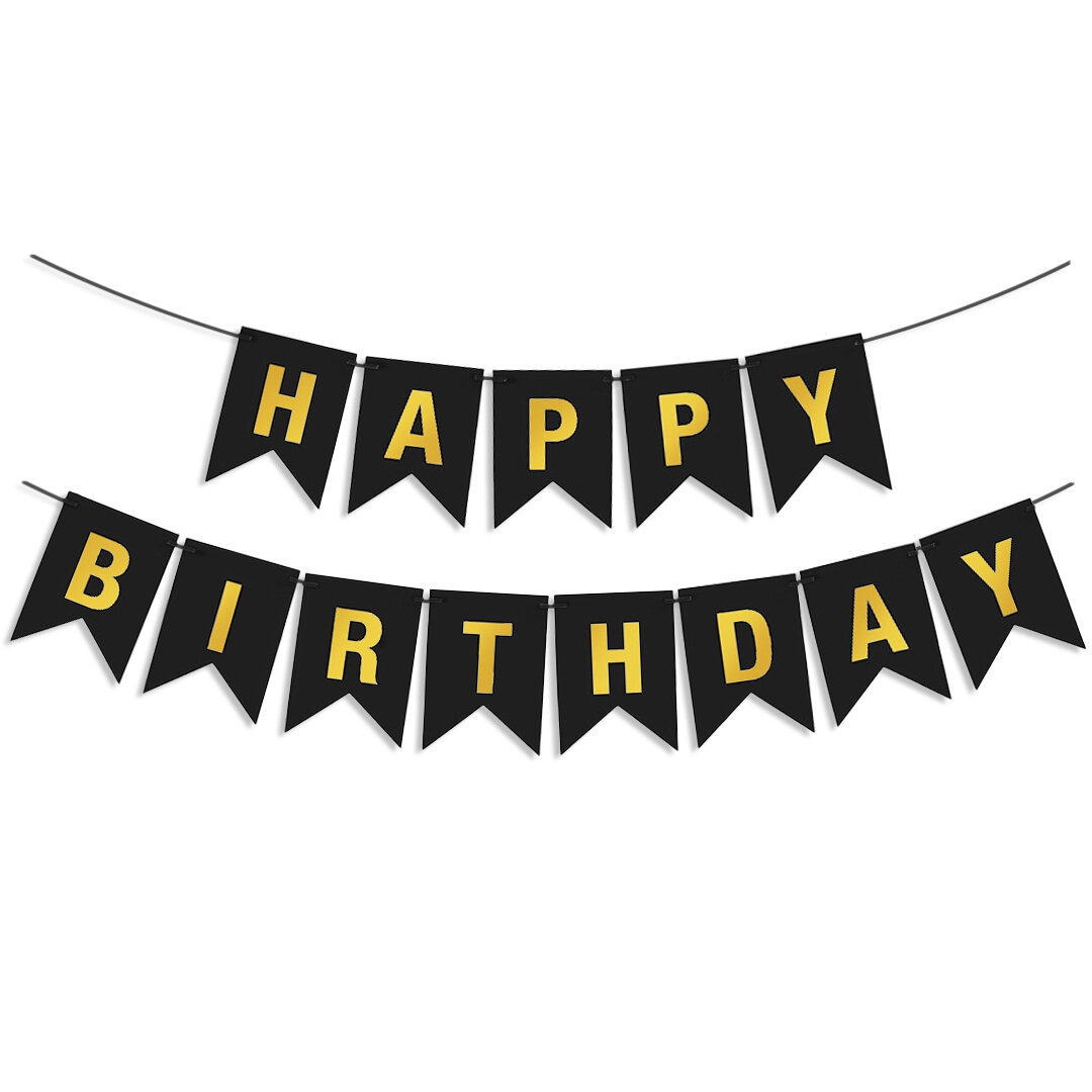 Гирлянда Волна веселья "Happy Birthday", флажки, золотисто-черная, Металлик, 500 см, 16х12 см