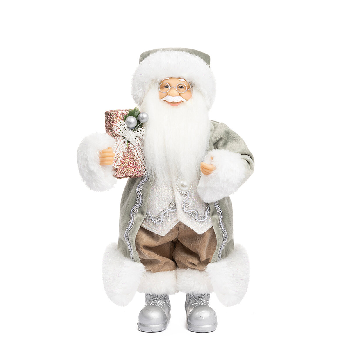 Дед Мороз в длинной серой шубе с подарком 30cм Maxitoys