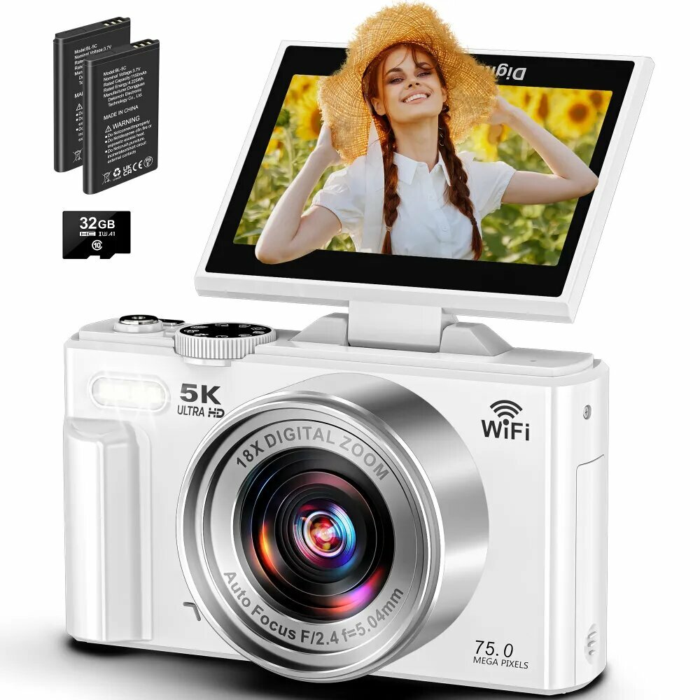 Цифровая камера 5K UHD 75 МП с Wi-Fi, 18-кратным зумом, откидным экраном