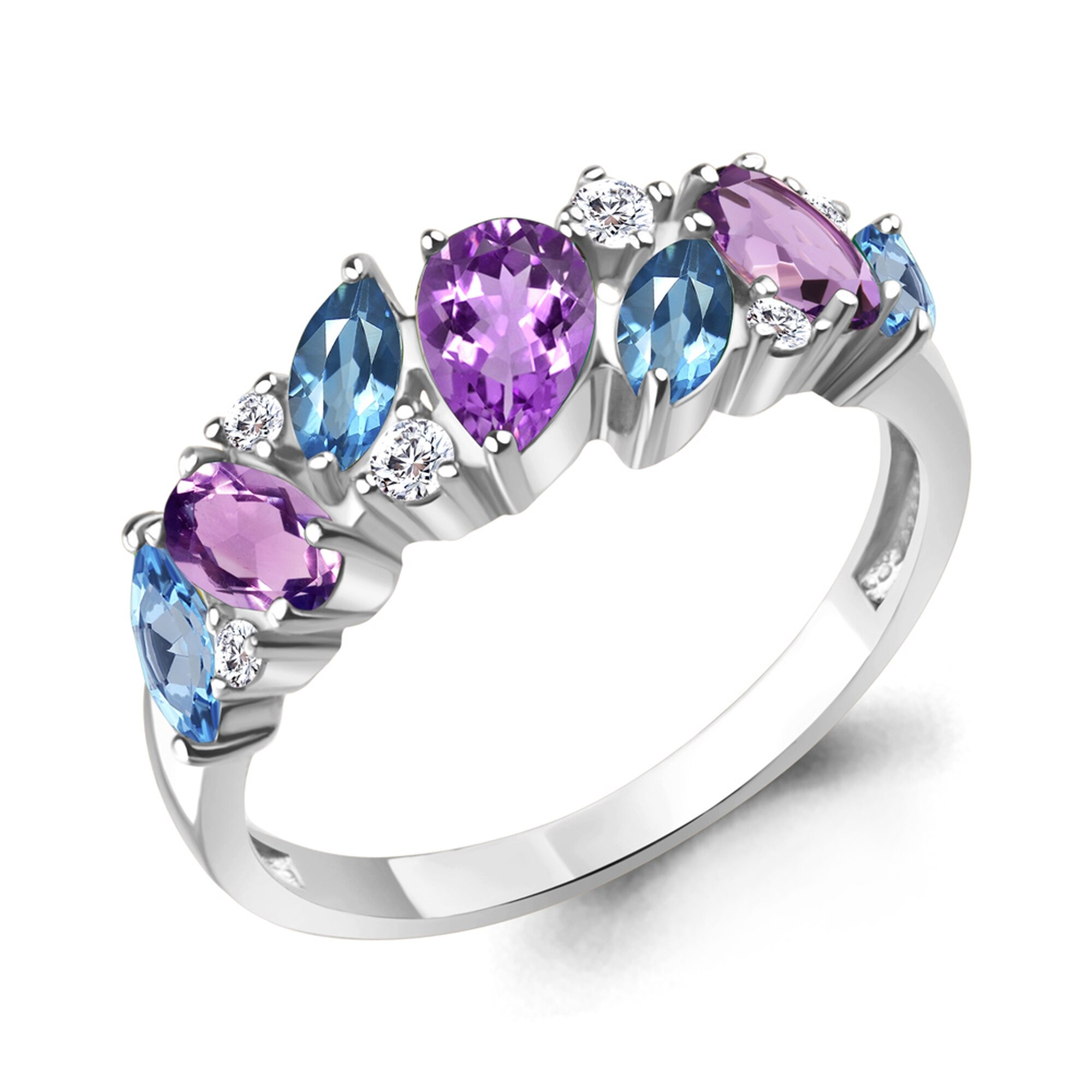 Кольцо, серебро, 925 проба, родирование, аметист, топаз, фианит