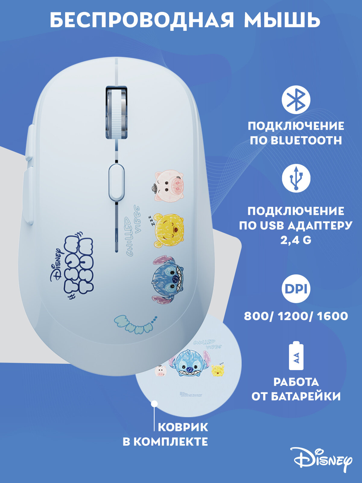 Мышь беспроводная + коврик Дисней Лило и Стич: Стич, голубой, 8 клавиш, до 1600 DPI