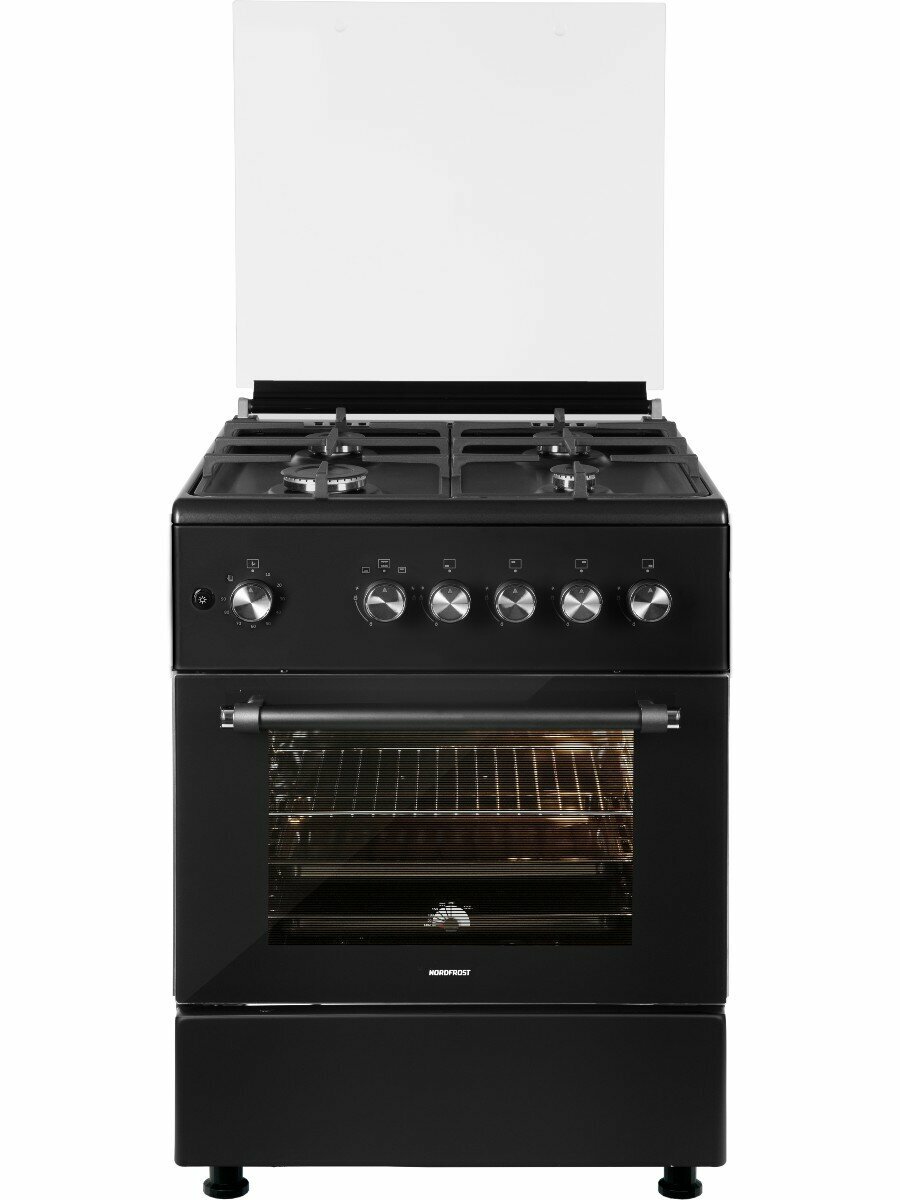 Газовая плита NORDFROST GG 6064 B, 63 литров, авторозжиг, газ-контроль конфорок и духовки, черный