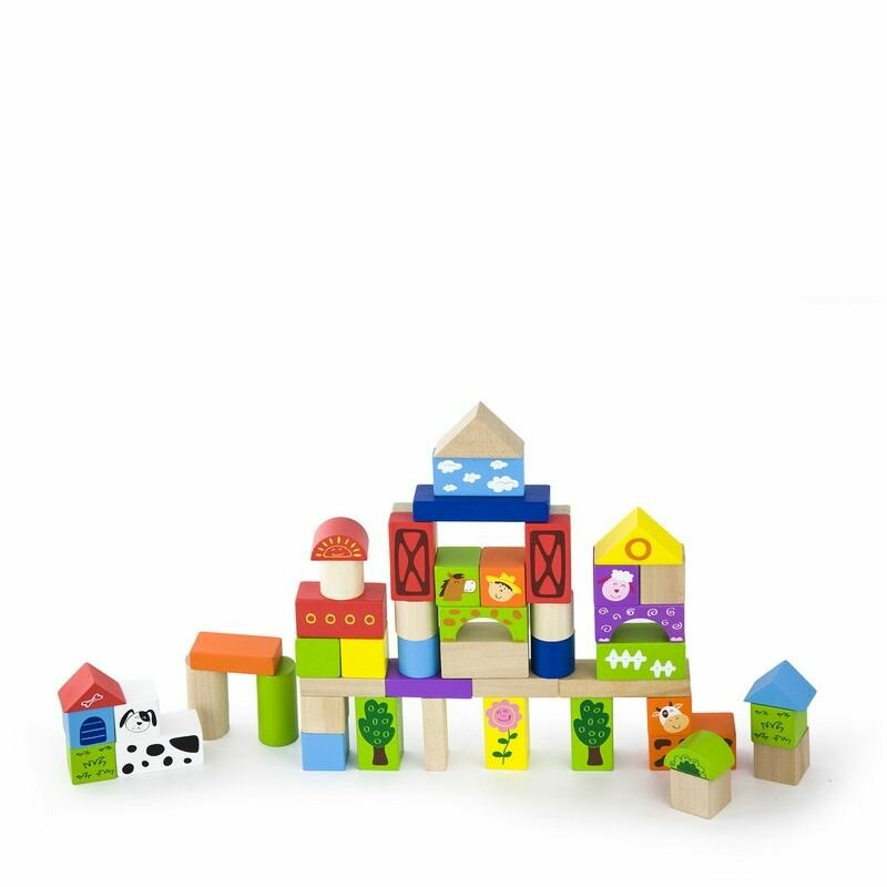 Конструктор VIGA Ферма, деревянный разноцветный, 50 деталей, в ведре