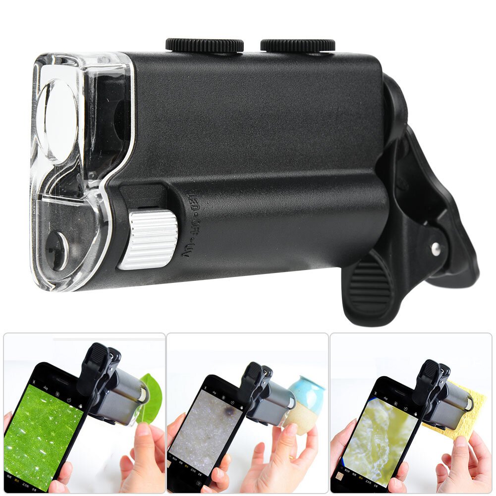 Микроскоп-лупа для телефона универсальный 60~100X зум с LED и УФ светом инструмент для наблюдения за мелкими предметами 3 x AAA батарейки (не включены) 1 x руководство пользователя (английский) 1 x микроскоп-лупа 1 x коробка