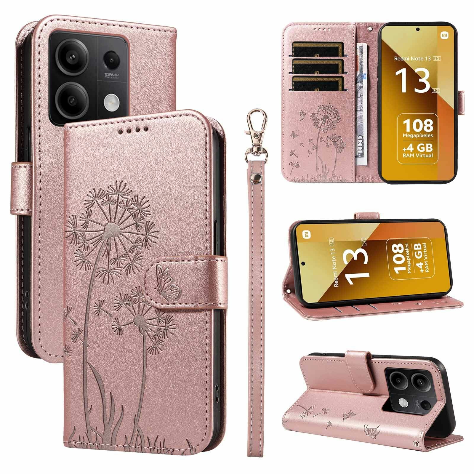 Кожаный чехол-книжка для Xiaomi Redmi Note 13 5G (Редми Ноут 13 5Г), матовый кожаный принт, с магнитной застежкой, слотом для карт и ремешком на запястье