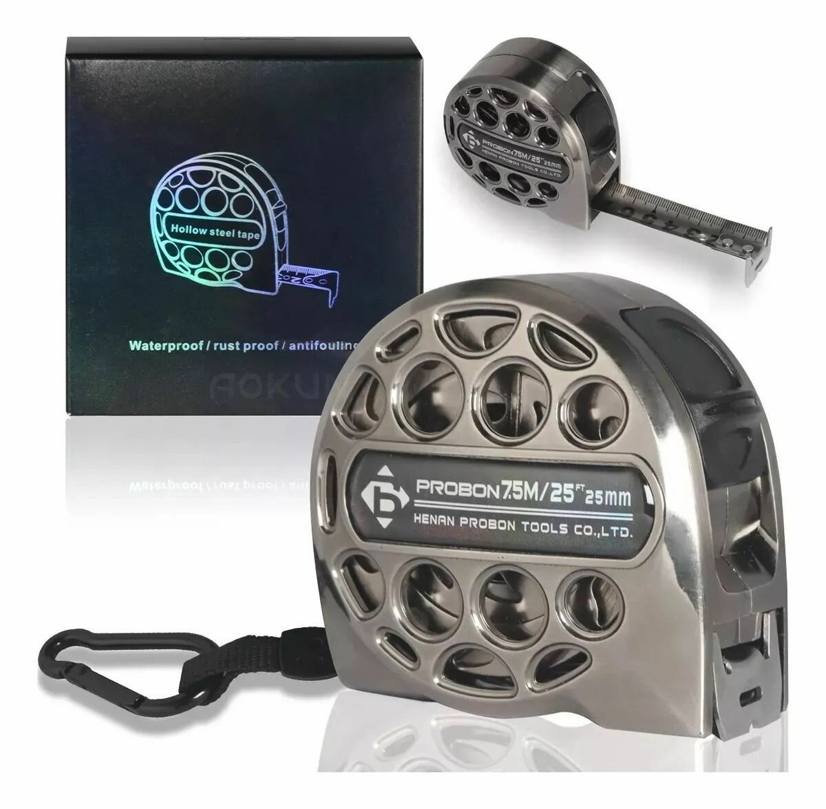 Автоматический стопор и ударопрочность обеспечены в эксклюзивной 5метровой рулетке из нержавеющей стали, ширина 25 мм