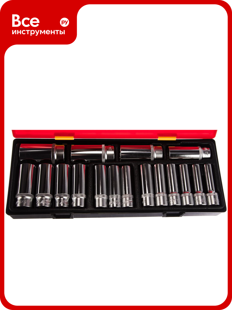 Набор глубоких двенадцатигранных торцевых головок 1/2" 10-32мм в кейсе 17шт JTC-K4172 прочной конструкции
