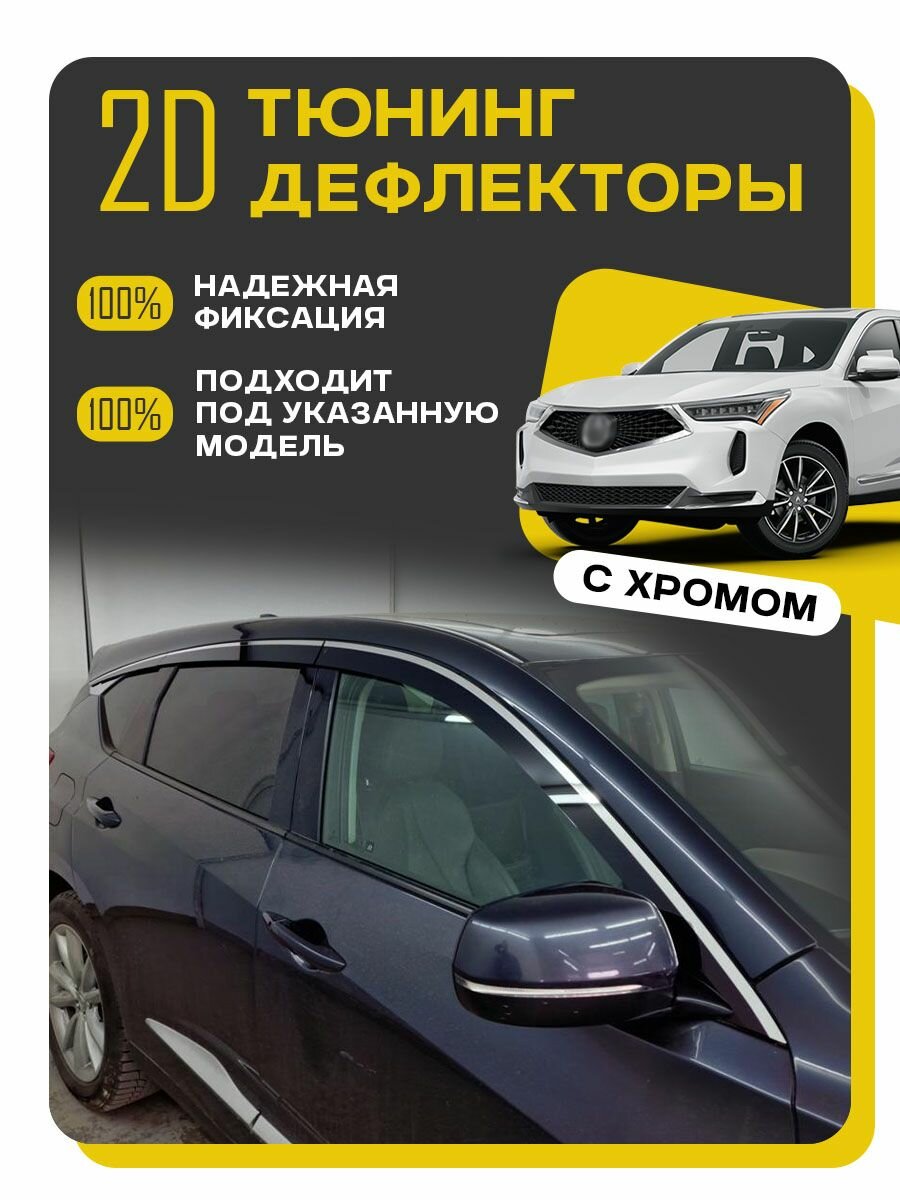 Плоские тюнинг дефлекторы для окон Acura RDX (2018-2025) 3 поколение / Ветровики на Акура РДХ / 2d дефлекторы. Комплект 6 шт + хром