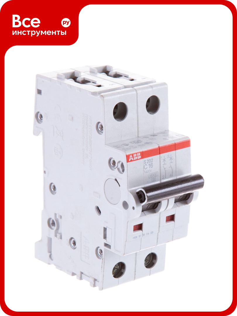 Автоматический двухполюсный выключатель ABB 16А C S202 6кА 2CDS252001R0164